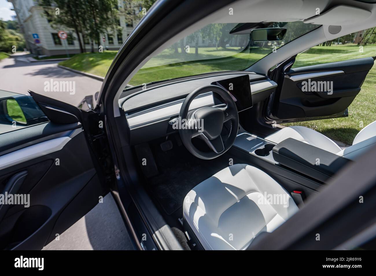 Interior of an electric car. Caring for the environment Stock Photo - Alamy