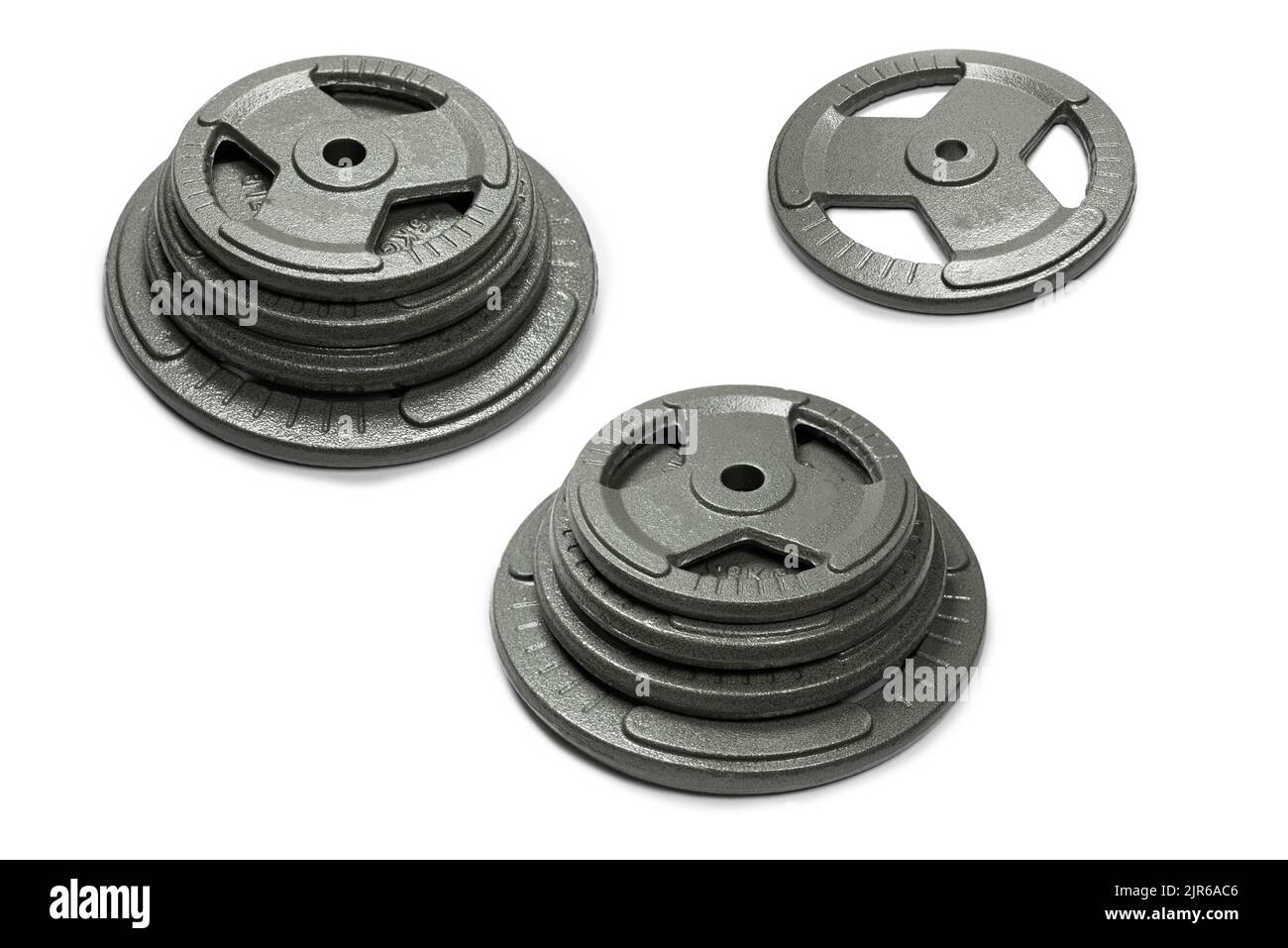 Weight plates isolated on a white background. Top view Stock Photo - Alamy