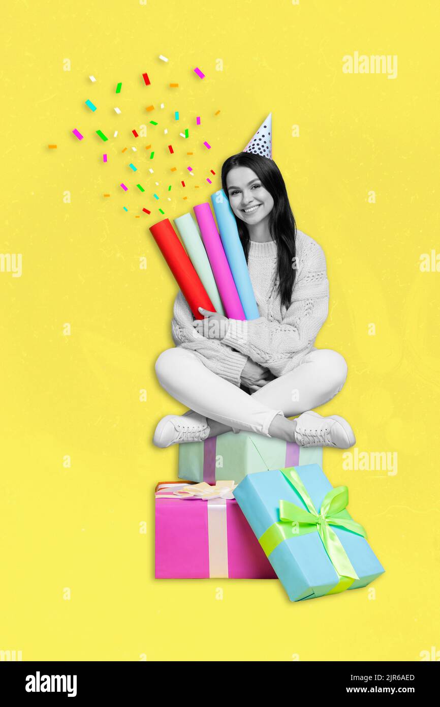 Сreative 3d collage image sketch poster graphics of happy girl sit ...