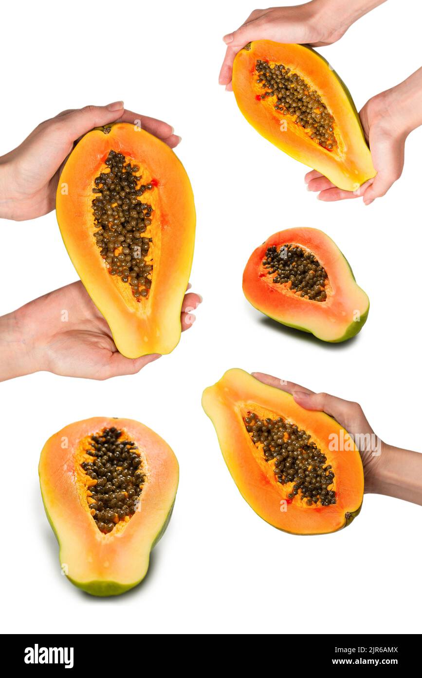 Papaya fruit isolated on a white background in woman hands. Tropical ...