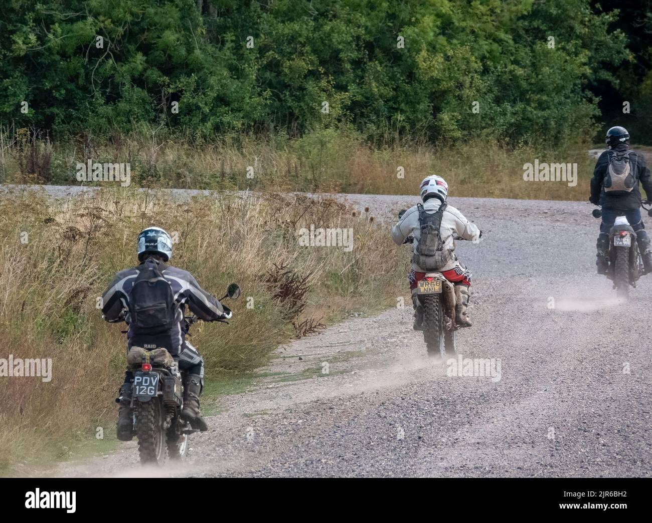 a group of three motor cyclists (bikers) riding their off-road ...