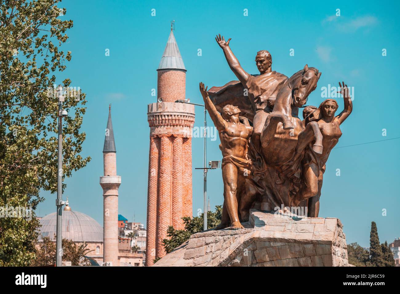07 July 2022, Antalya, Turkey: Mustafa Kemal Ataturk equestrian statue ...