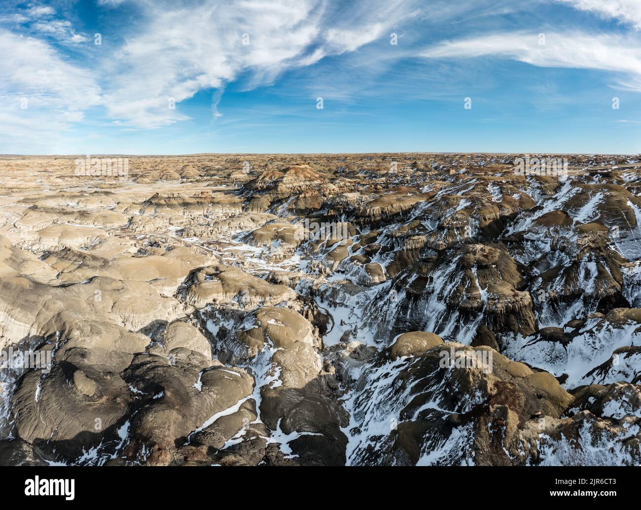 Aerial panoramic view of Bisti De-Na-Zin Wilderness area in New Mexico ...
