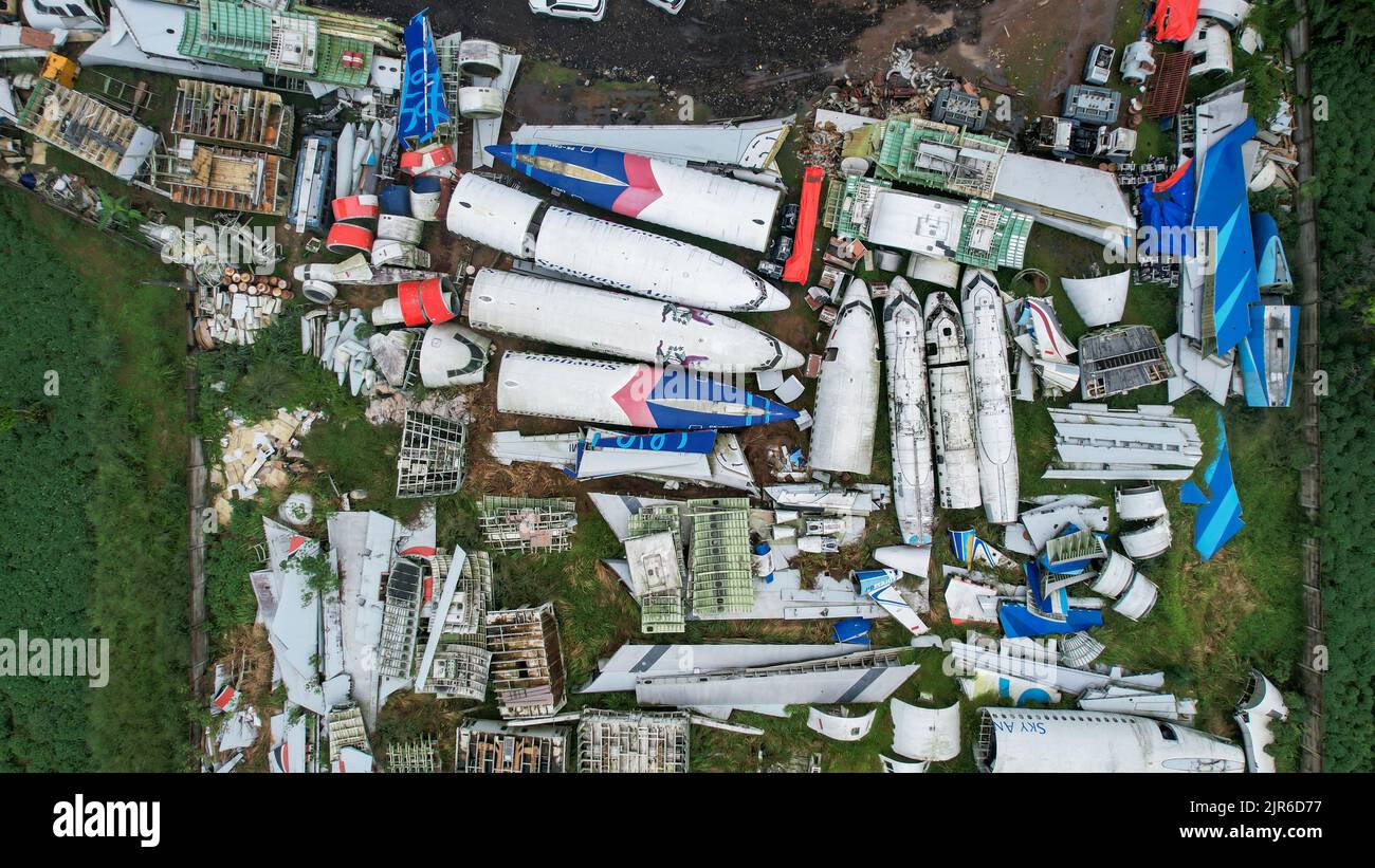 The wreckage of a tourist plane, in Parung, Bogor. The metal remains of ...