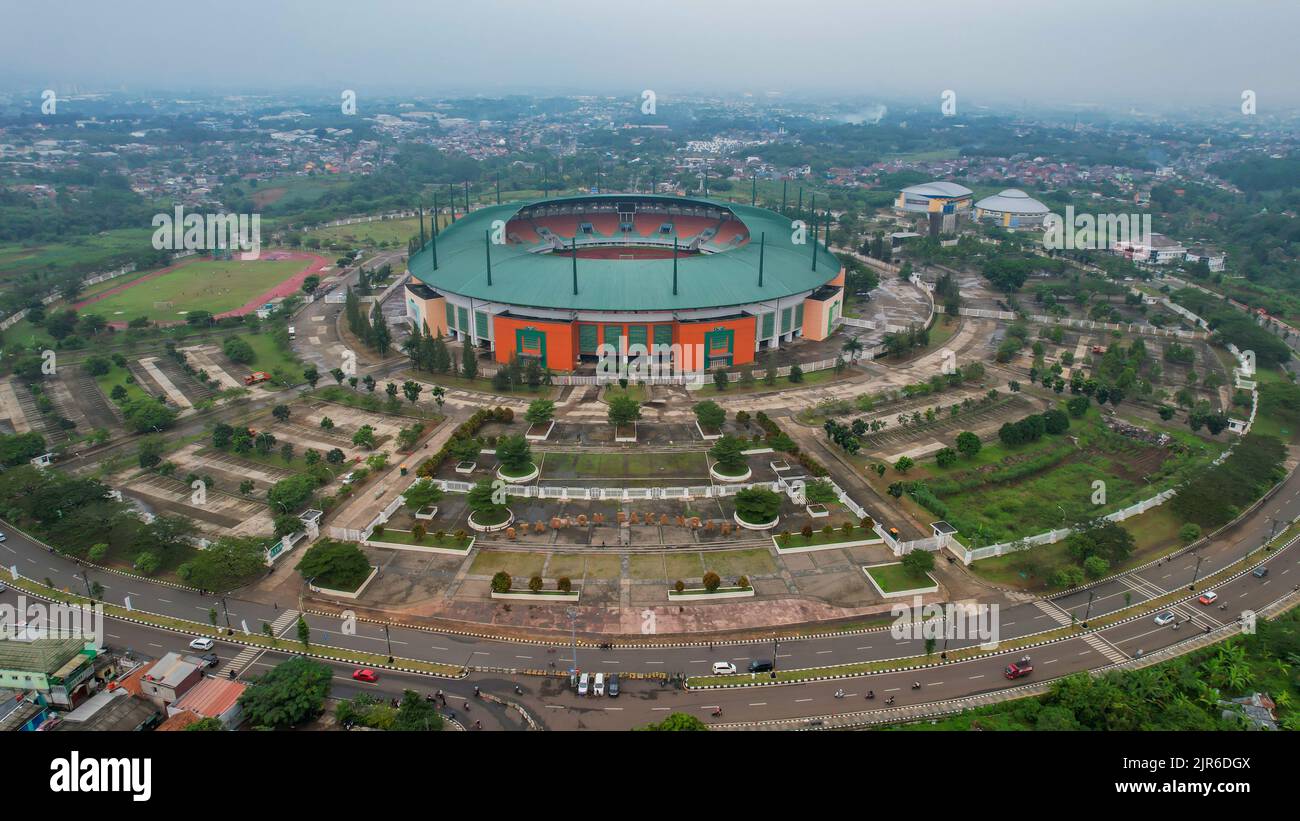 Aerial view of the Beautiful scenery of Pakansari Stadium. with Bogor ...