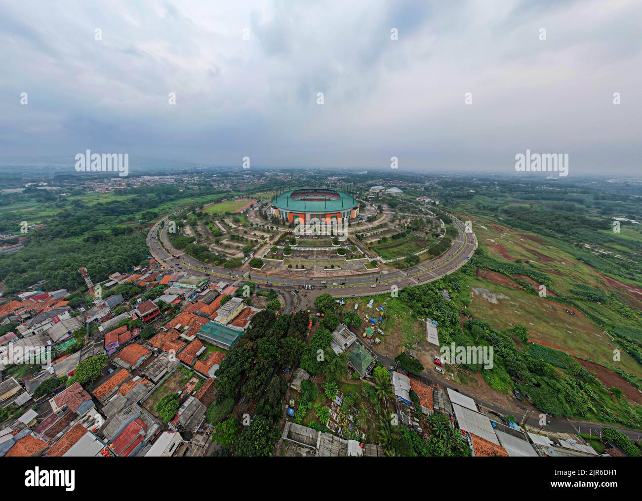 Aerial view of the Beautiful scenery of Pakansari Stadium. with Bogor ...