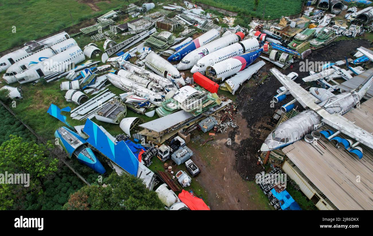 The wreckage of a tourist plane, in Parung, Bogor. The metal remains of ...