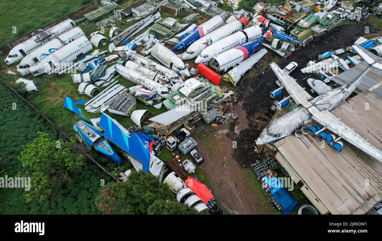 The wreckage of a tourist plane, in Parung, Bogor. The metal remains of ...