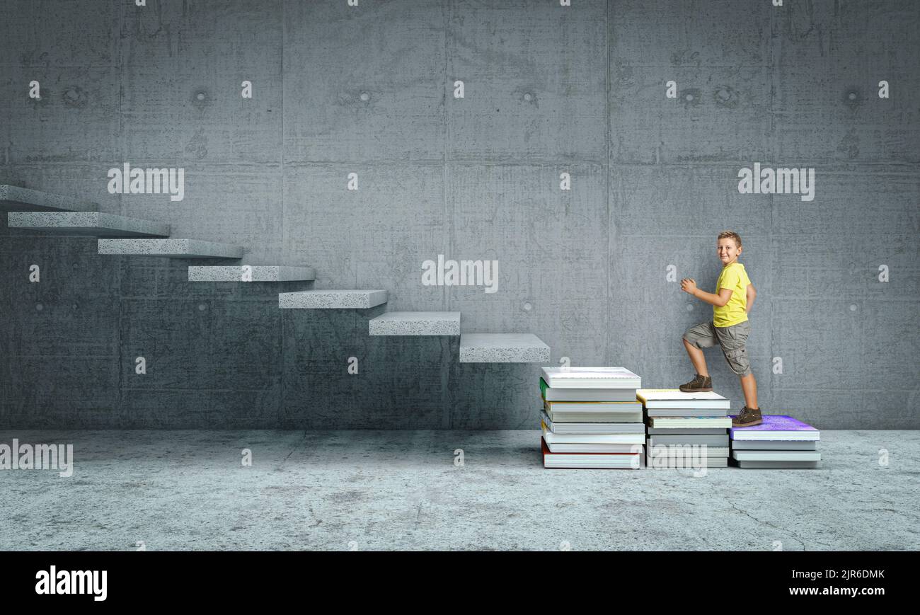 caucasian child climbs a stair made with books. education concept Stock ...