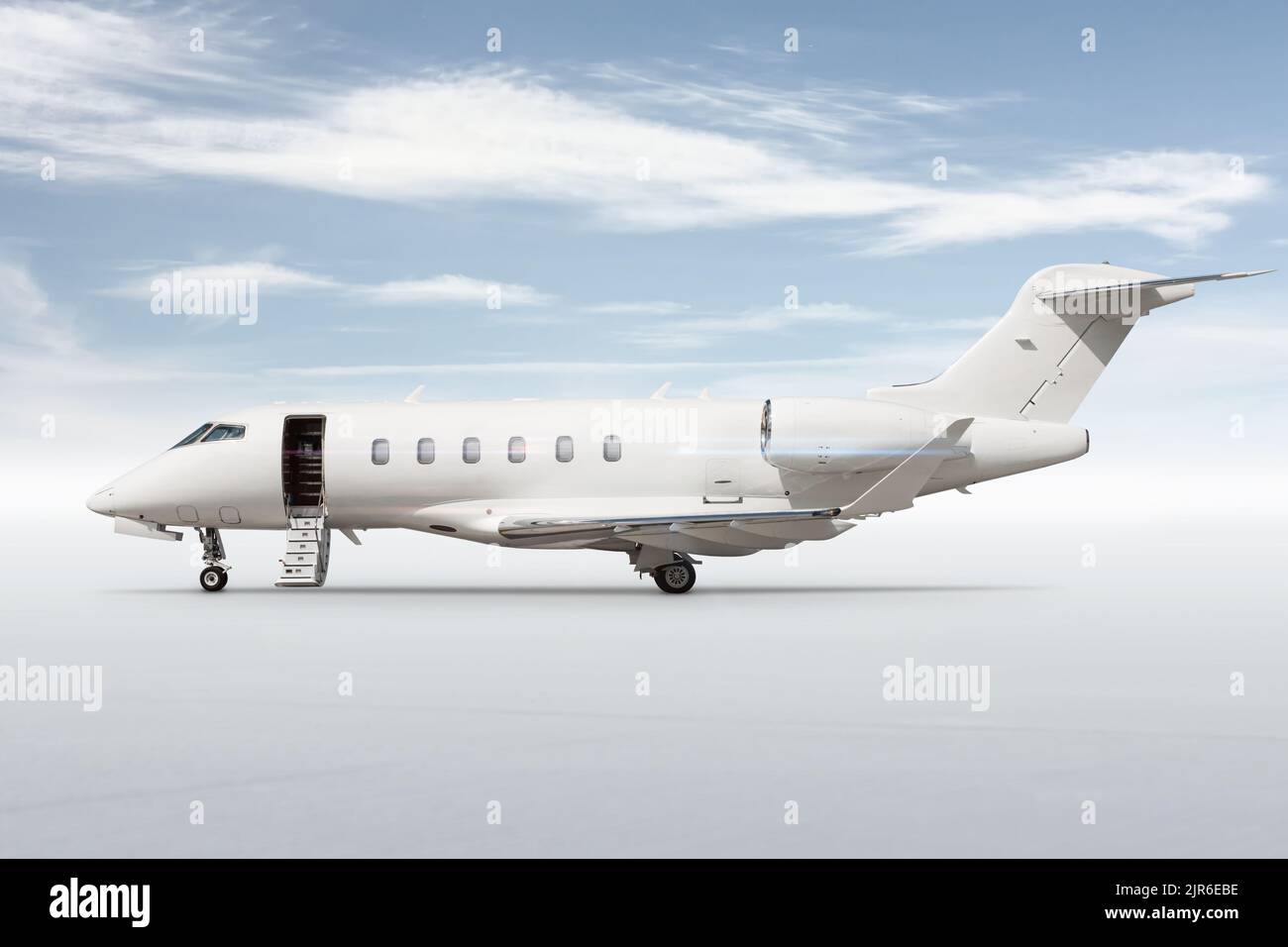 Modern white corporate jetliner with an opened gangway door isolated on ...