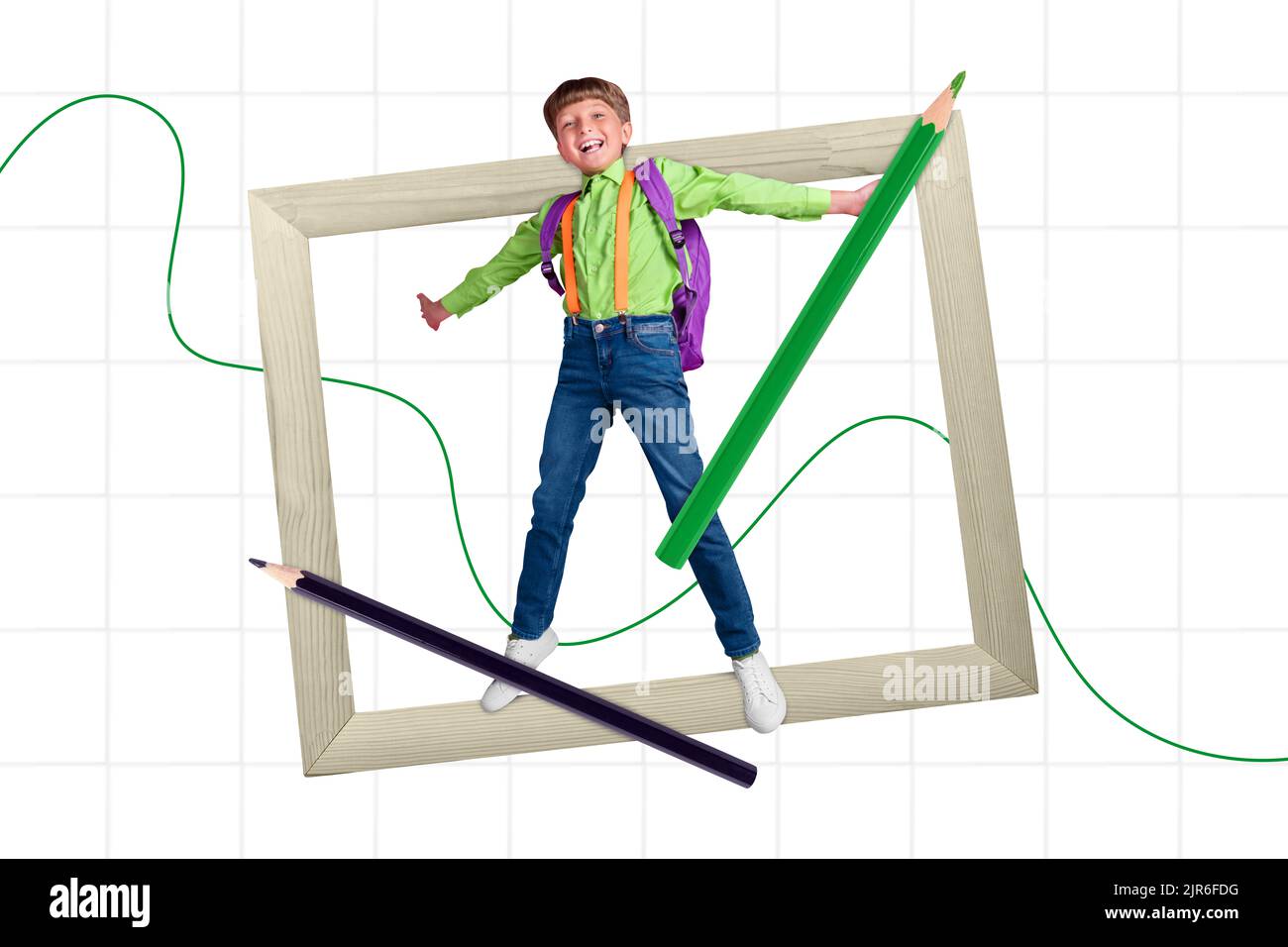 Magazine poster collage of happy school child paint green blue pencils ...