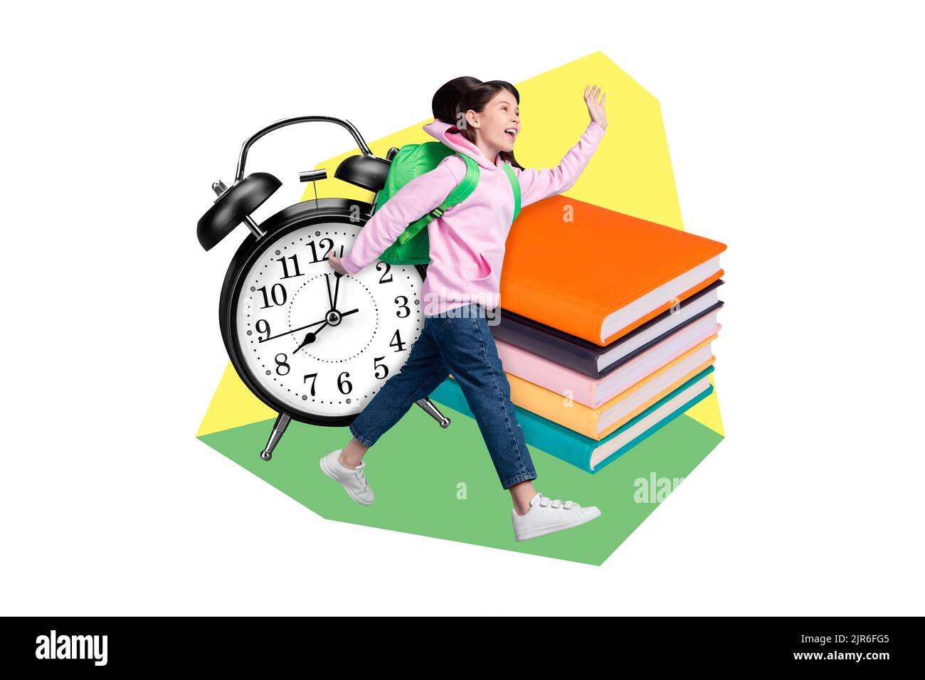 Surreal collage of happy school child walk behind textbook clock timer ...