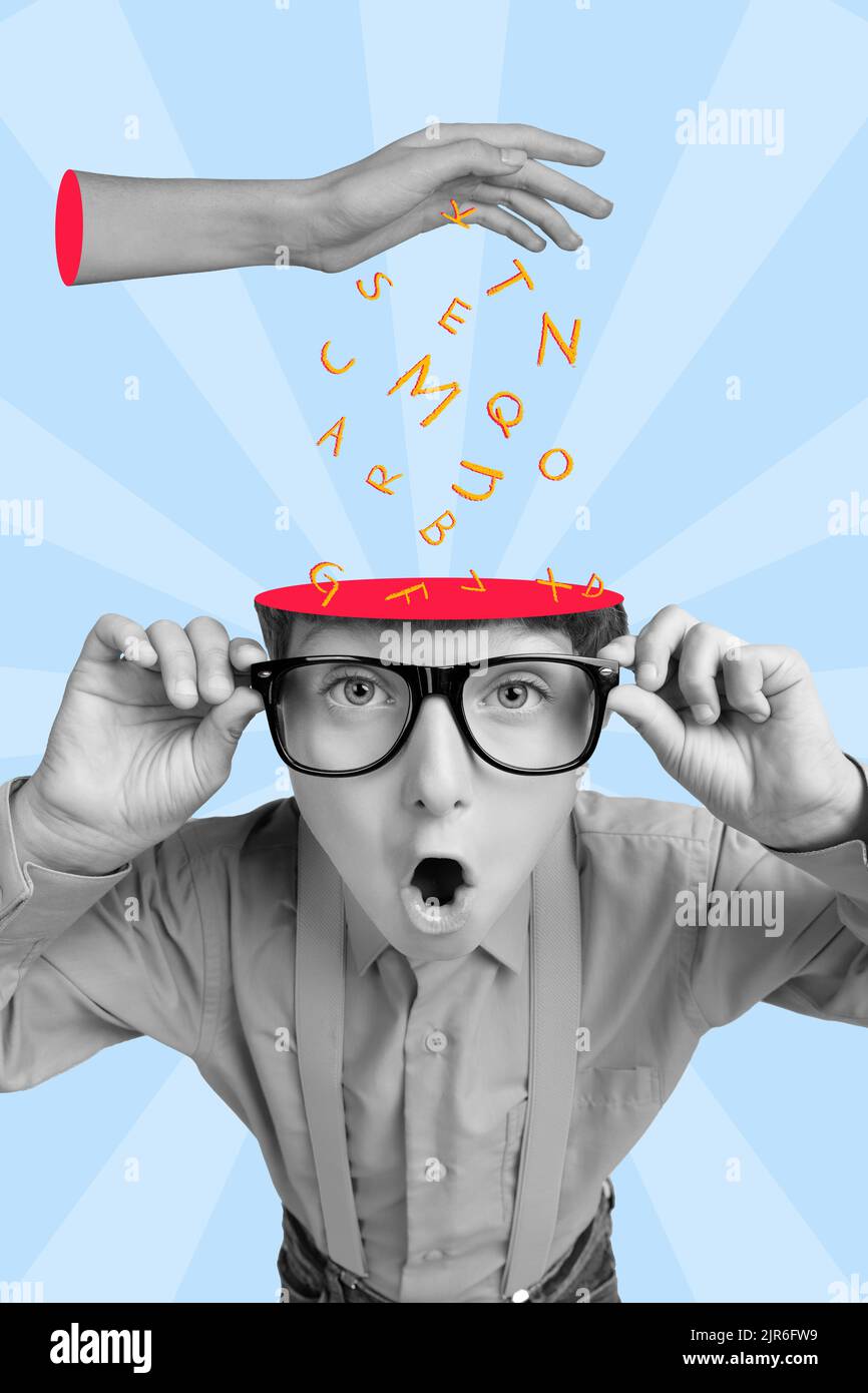 Advertisement banner collage of shocked diligent school boy putting ...