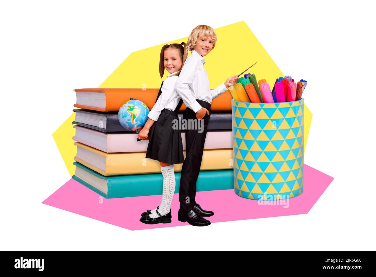 Magazine collage of two classmates stand library pile textbook school ...