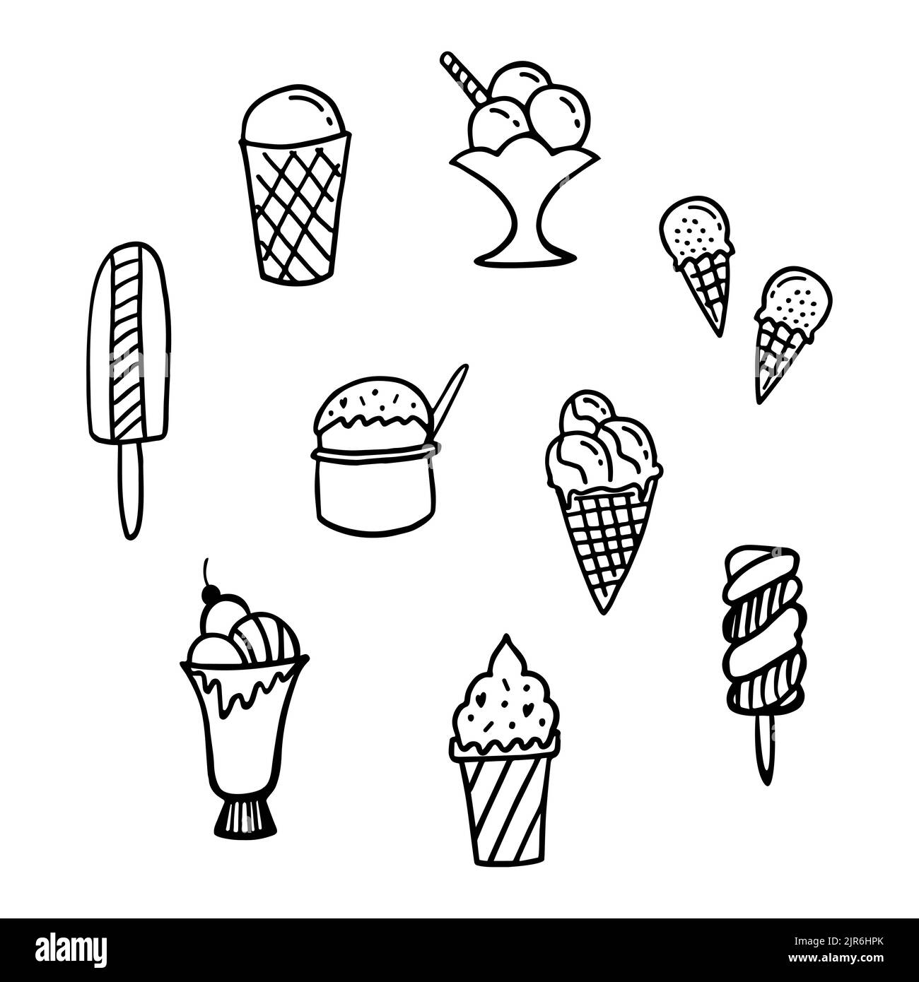 Ice cream line doodle set. Nine different ice cream: popsicle, gelato ...
