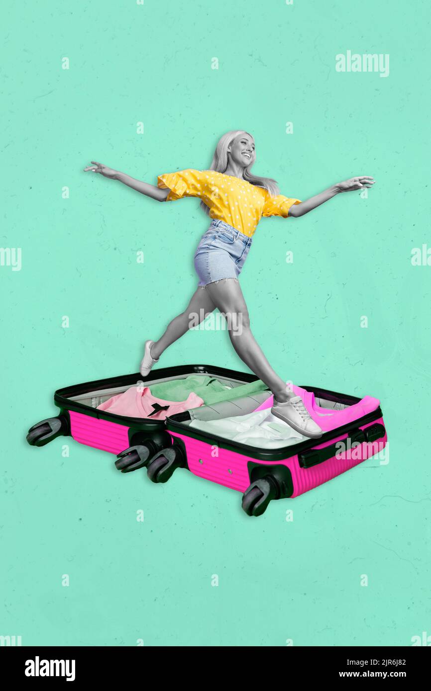 Collage artwork graphics picture of funny funky lady preparing new trip ...