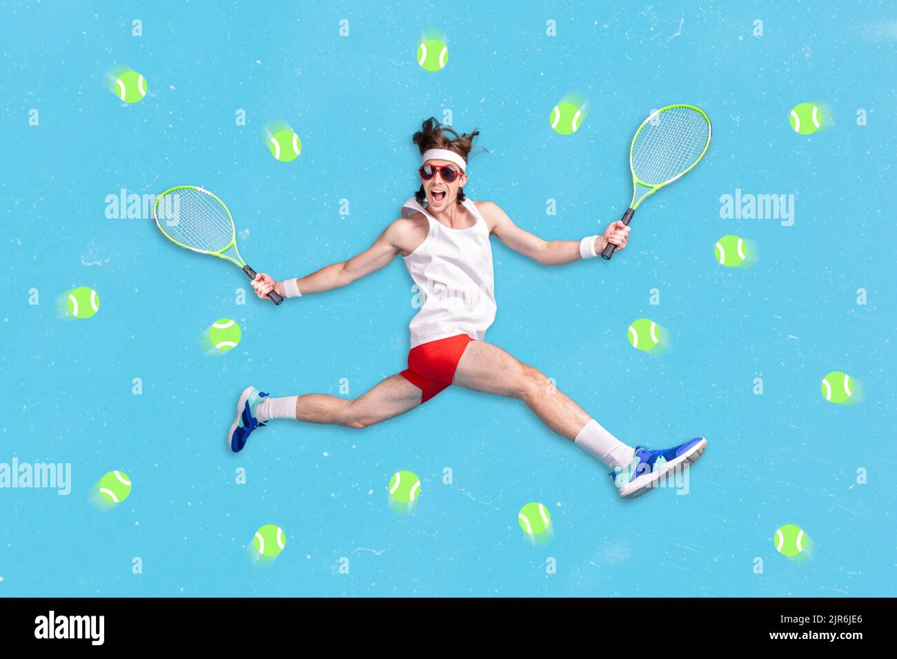 Collage photo of funny sporty muscle guy wear glasses hold two rackets ...