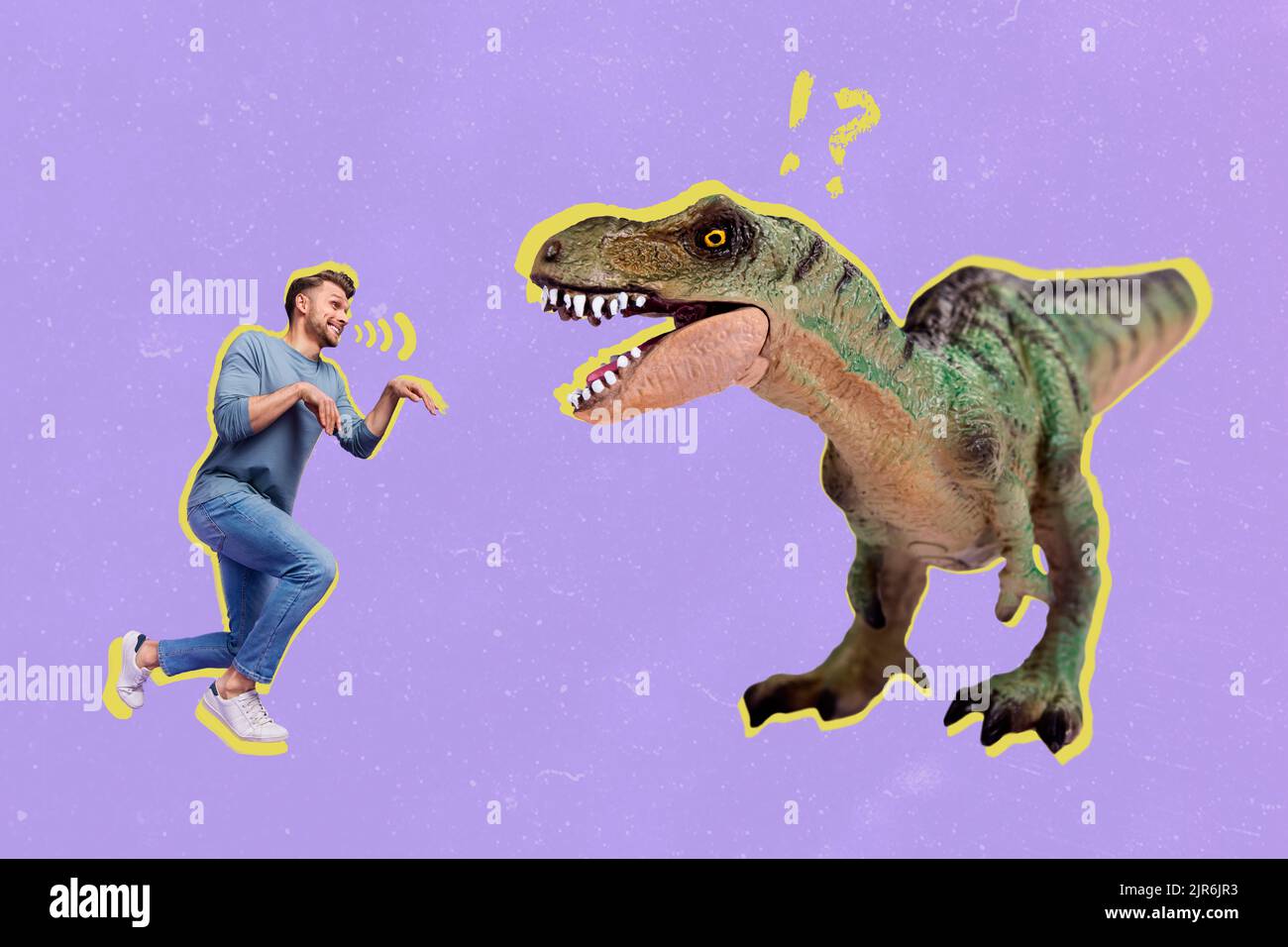 Collage photo of young funny guy grimace caricature talking with ...