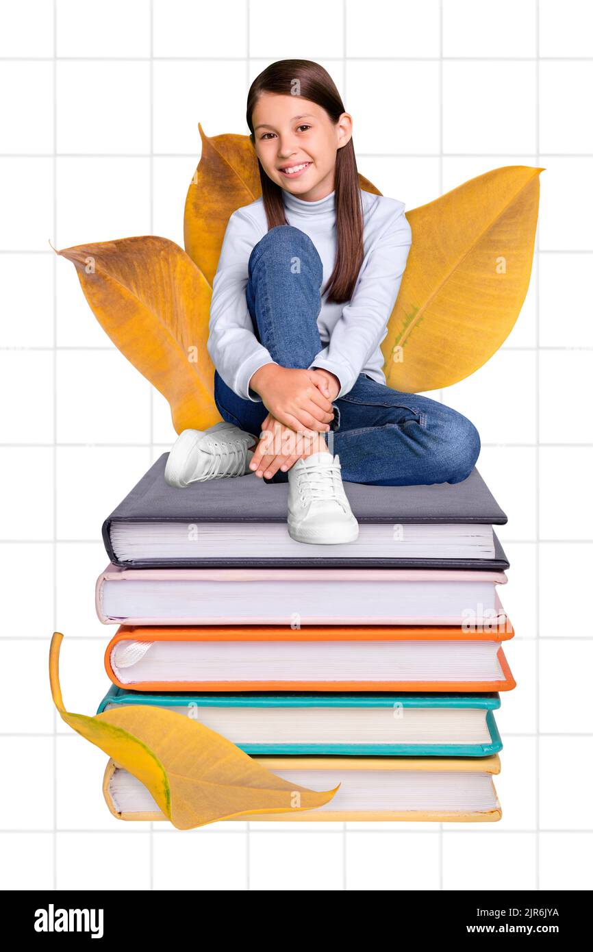 Magazine poster collage of happy school child sit pile stack textbooks ...
