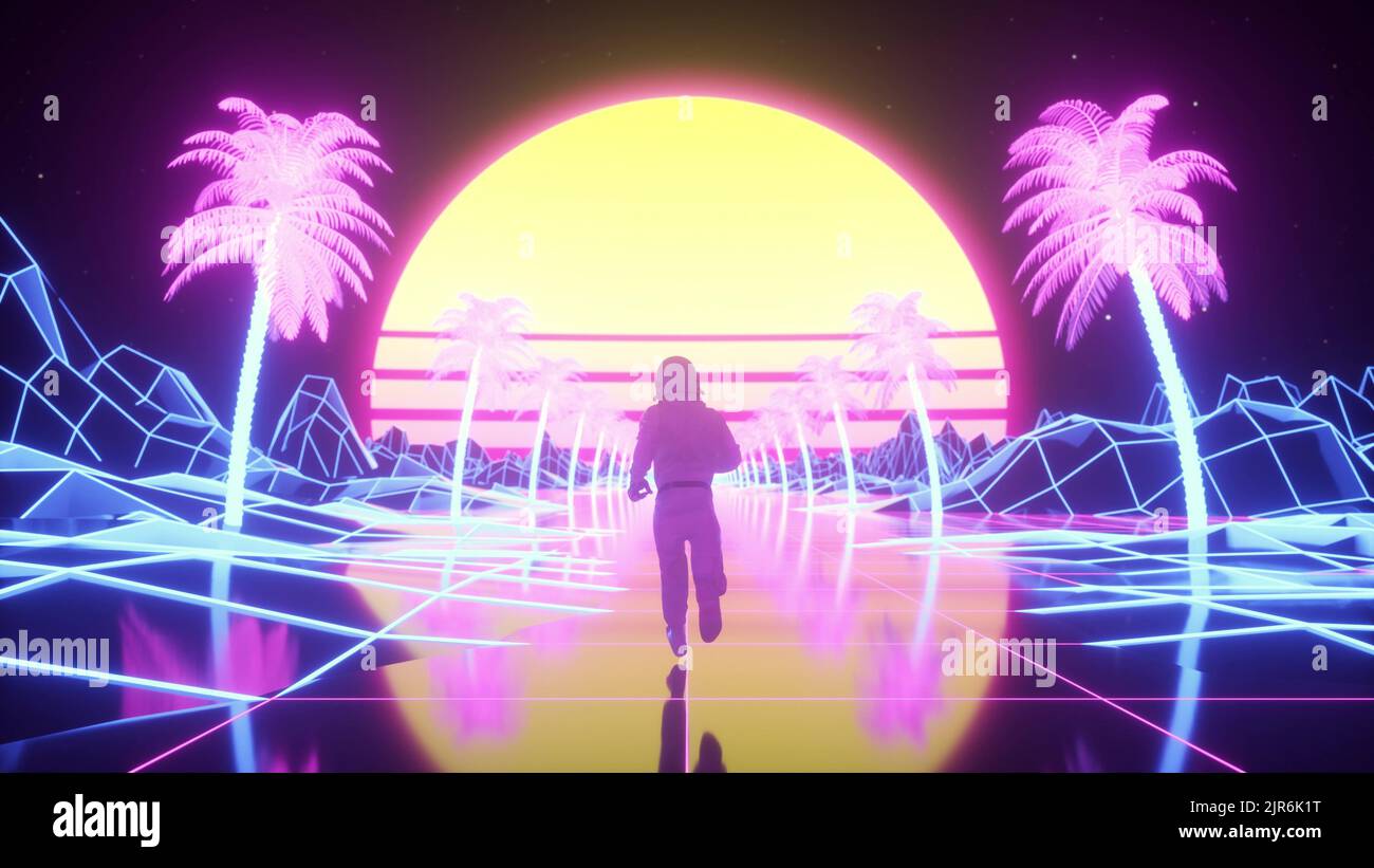 Astronaut runs surrounded by flashing neon lights. Retro 80s style ...