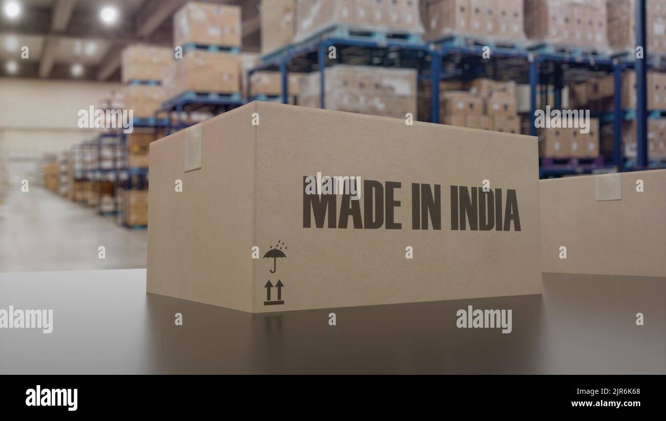 Boxes with MADE IN INDIA text on conveyor. 3d illustration Stock Photo ...