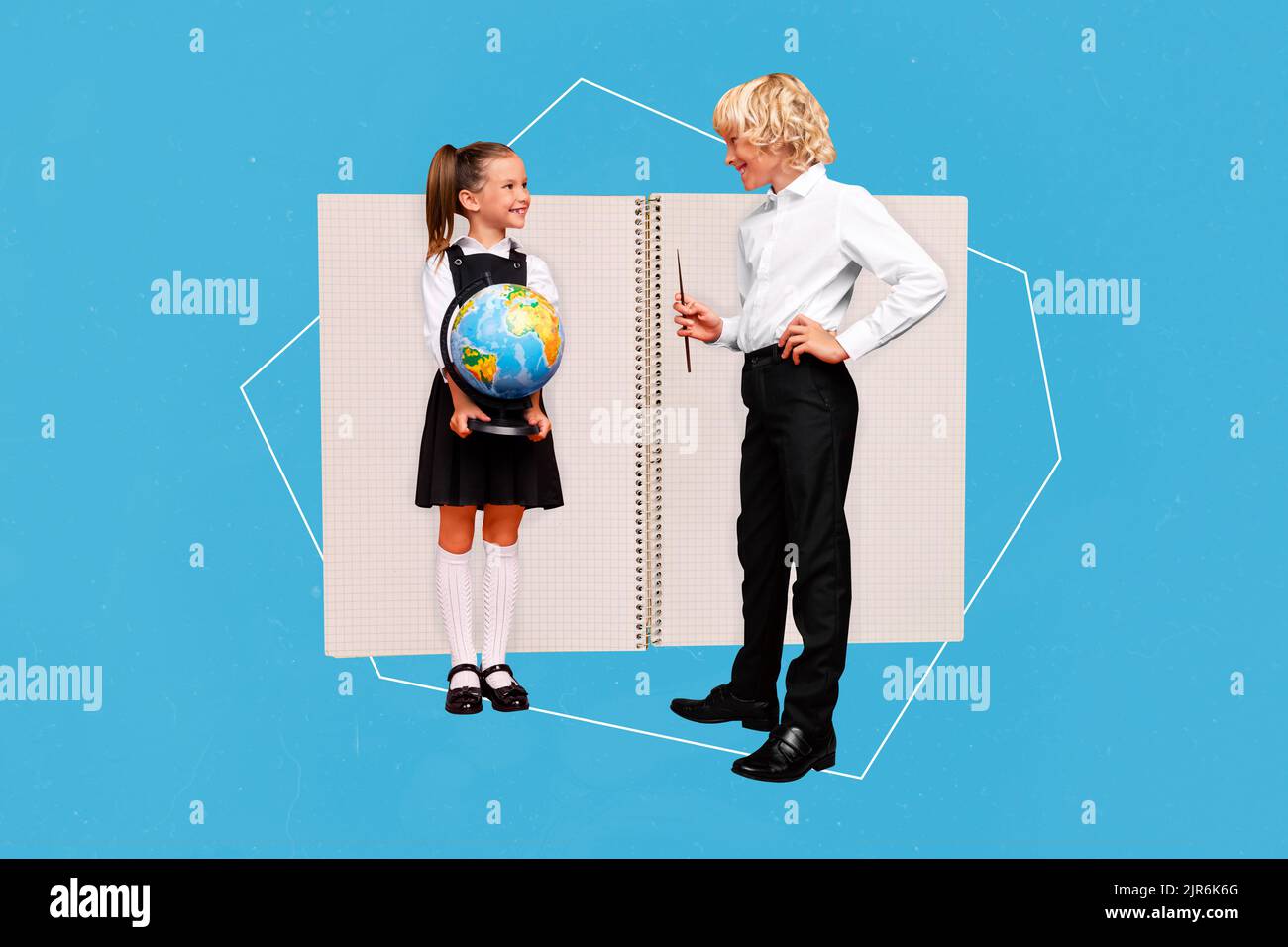 Banner collage of two friends prepare science report school ...