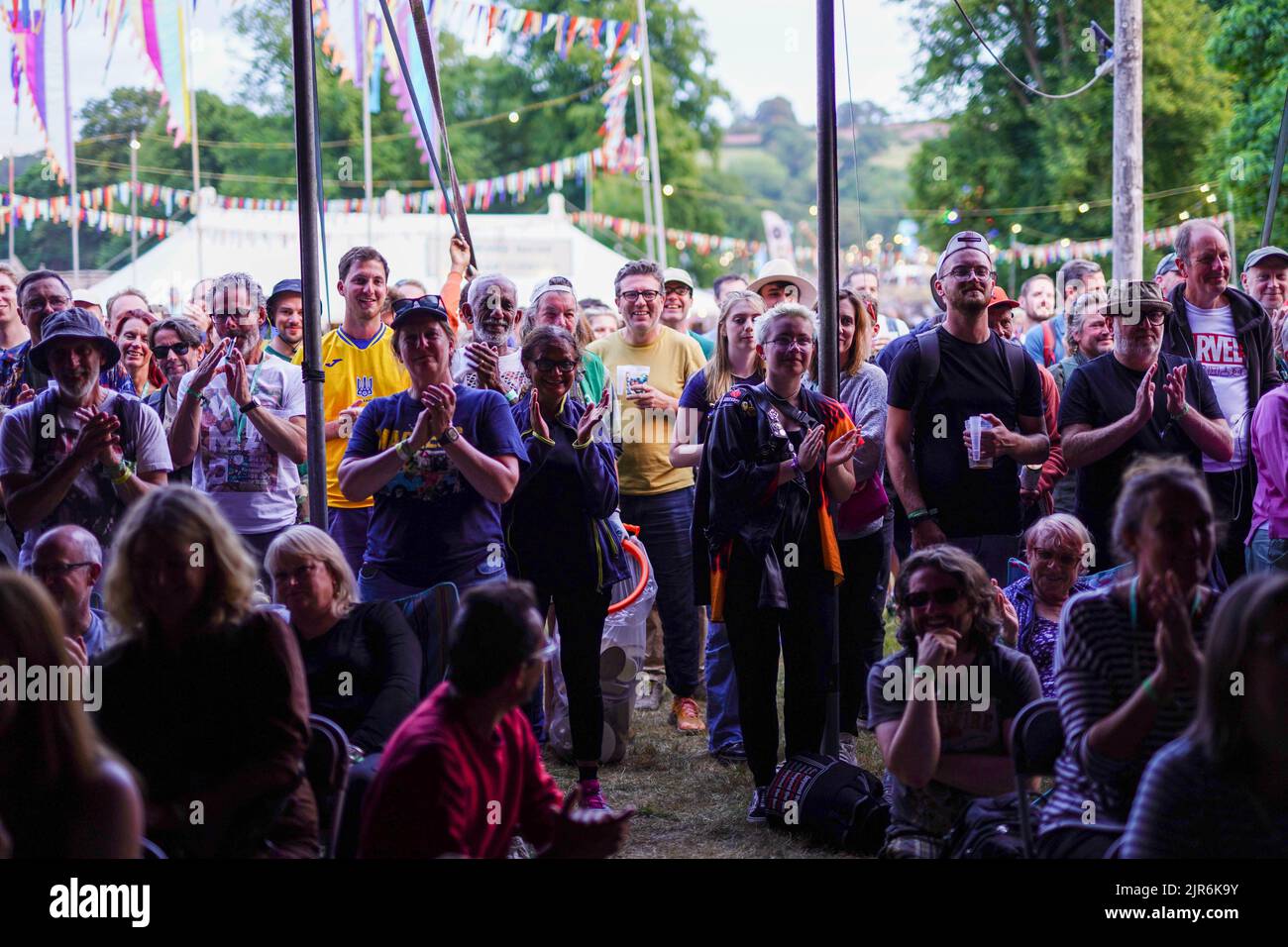 Glanusk Park, UK. Sunday, 21 August, 2022. Crowds at the comedy tent at ...