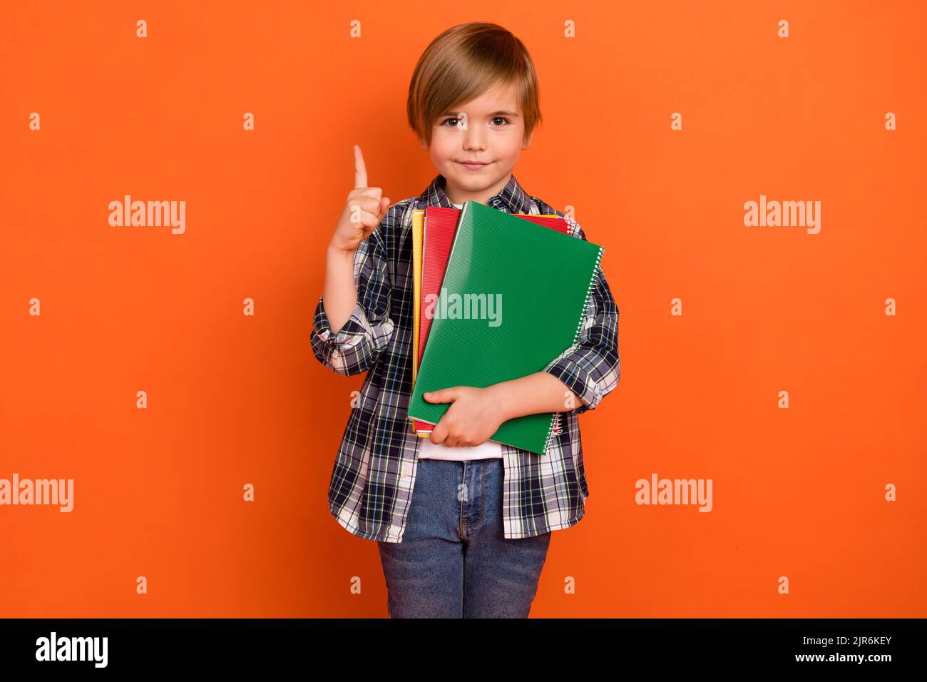 Photo of young boy point finger plan solution intelligent lesson ...