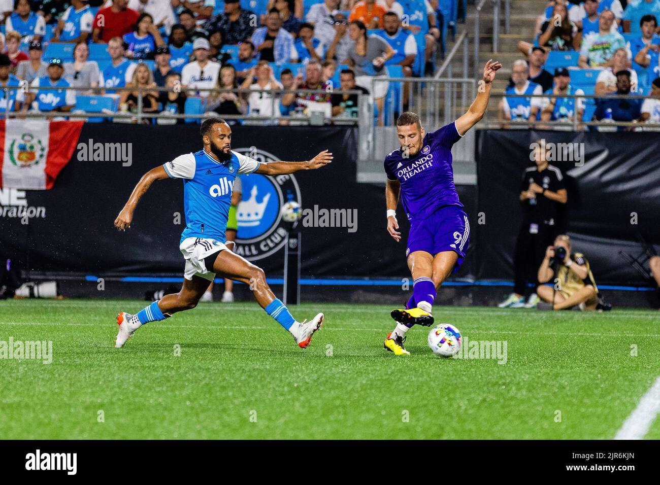 August 21, 2022: Orlando City forward Ercan Kara (9) shoots during the ...