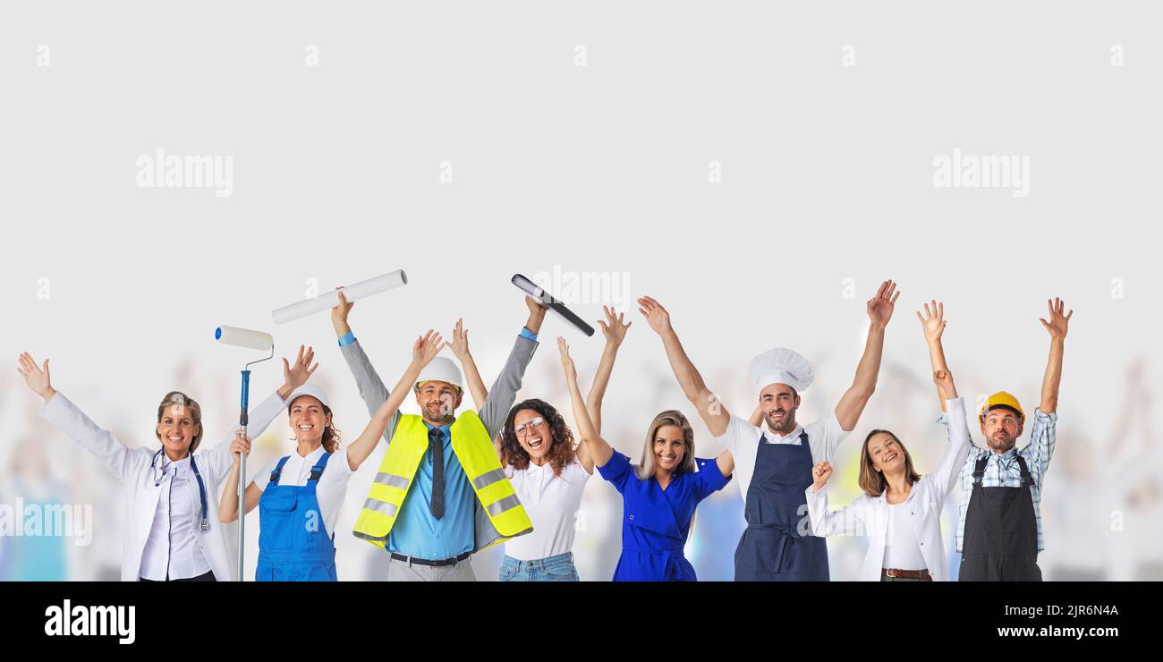 Happy people with arms raised of diverse professions over defocused ...