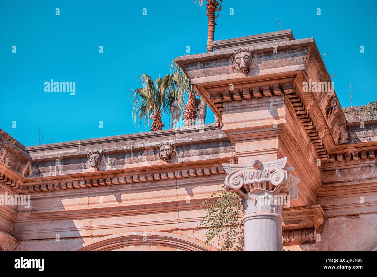 Close-up details of a famous gate or Hadrian's Arch in Antalya. Travel ...