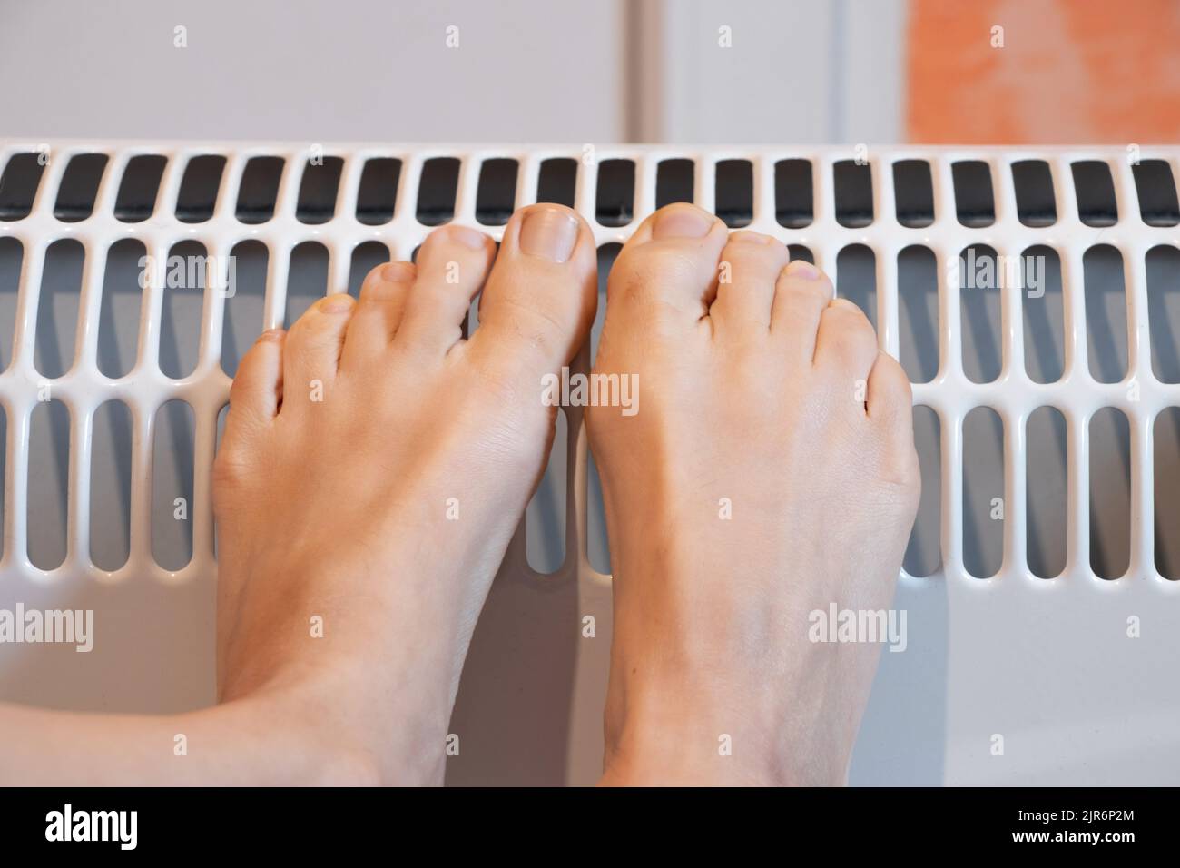 female legs on a battery at home, heating season, warm legs on an ...