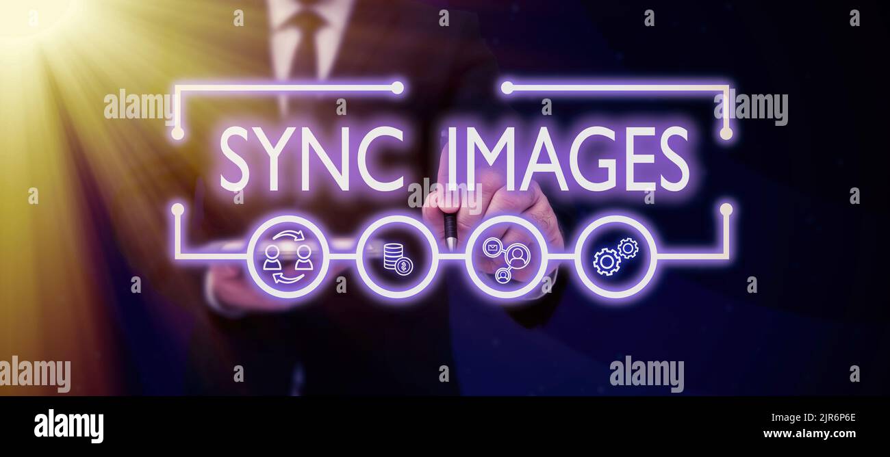 Sign displaying Sync Images. Business showcase Making photos identical ...
