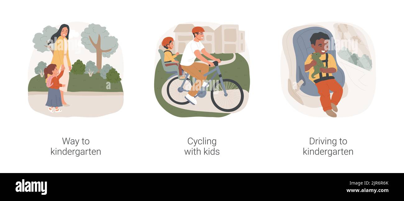 Going to kindergarten isolated cartoon vector illustration set. Way to ...