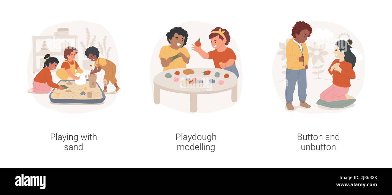 Fine motor skills in childcare isolated cartoon vector illustration set ...