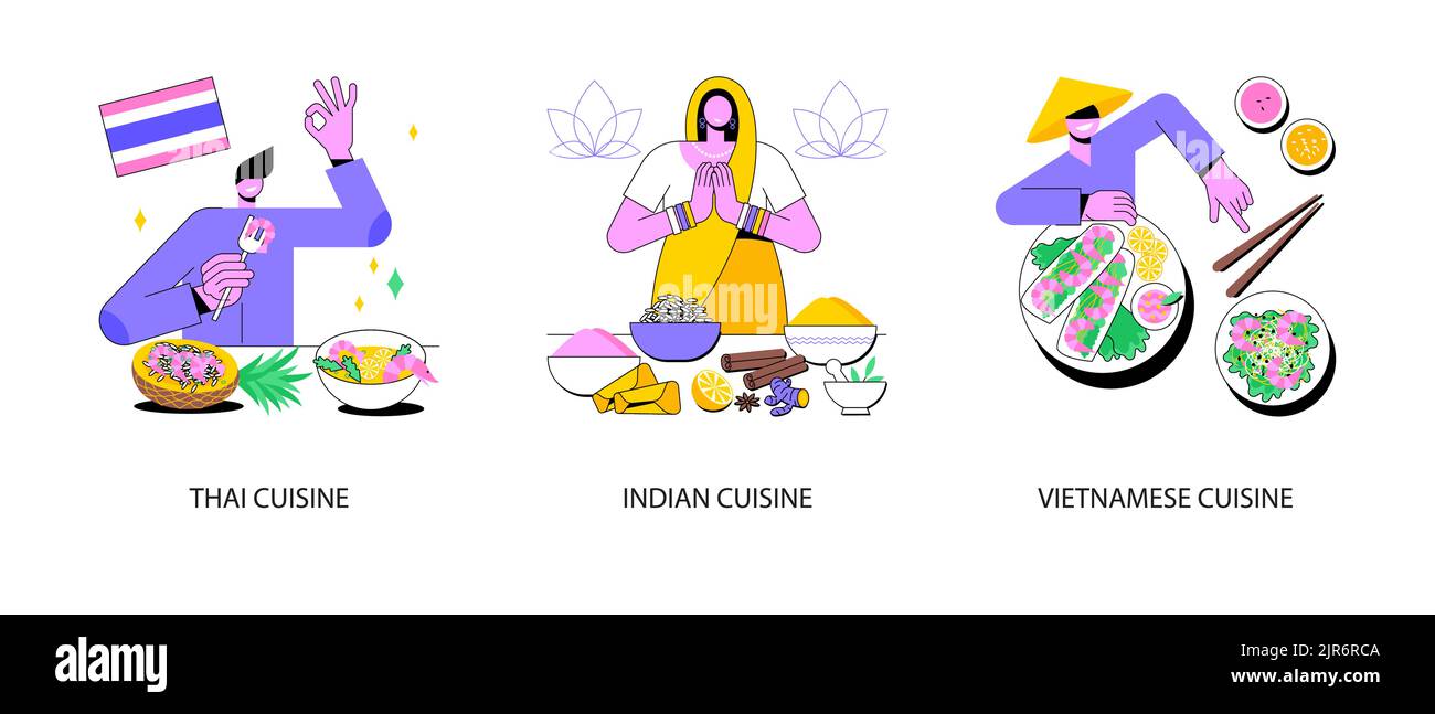 Oriental cuisine abstract concept vector illustration set. Thai, Indian ...