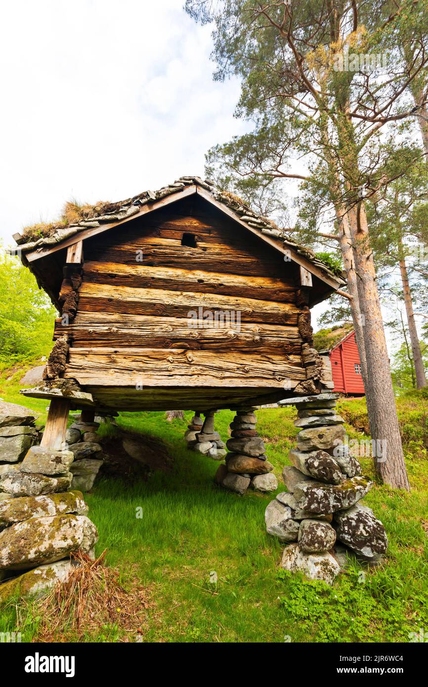 Traditional timber farm house barn on stone pillars. Sunnmøre open air ...