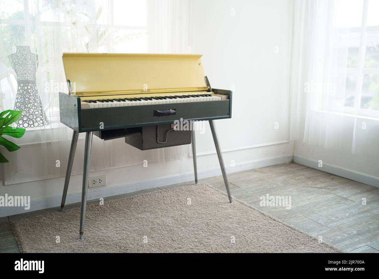 Piano keyboard background was set up in the music room by the windows ...
