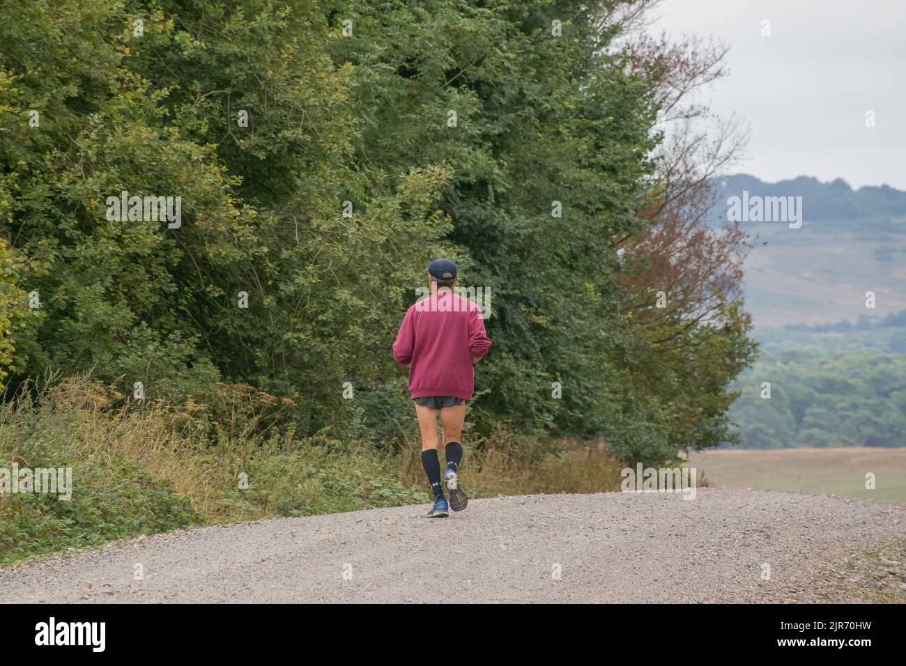 a lone man in a purple top, jogging along an unmade track road, hiking ...