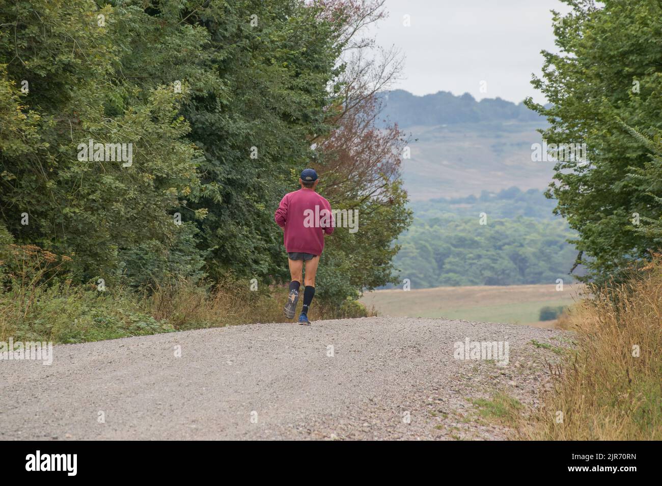 a lone man in a purple top, jogging along an unmade track road, hiking ...