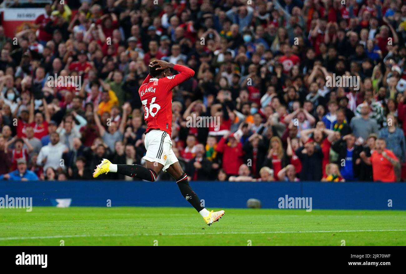 Manchester United's Anthony Elanga reacts after hitting the post during ...