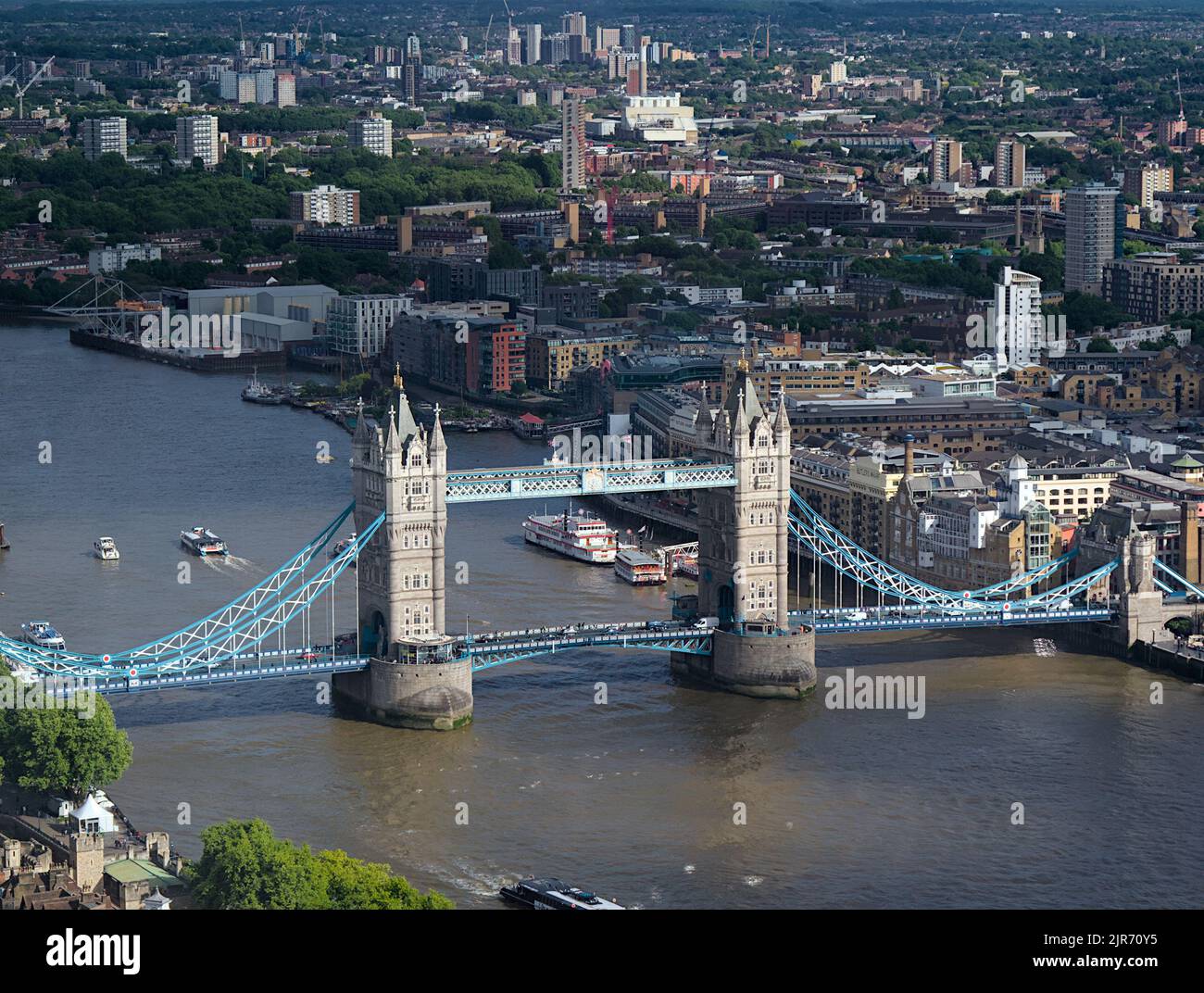 Tower Bridge And River Thames Lit By The Evening Sun Viewed From Above ...