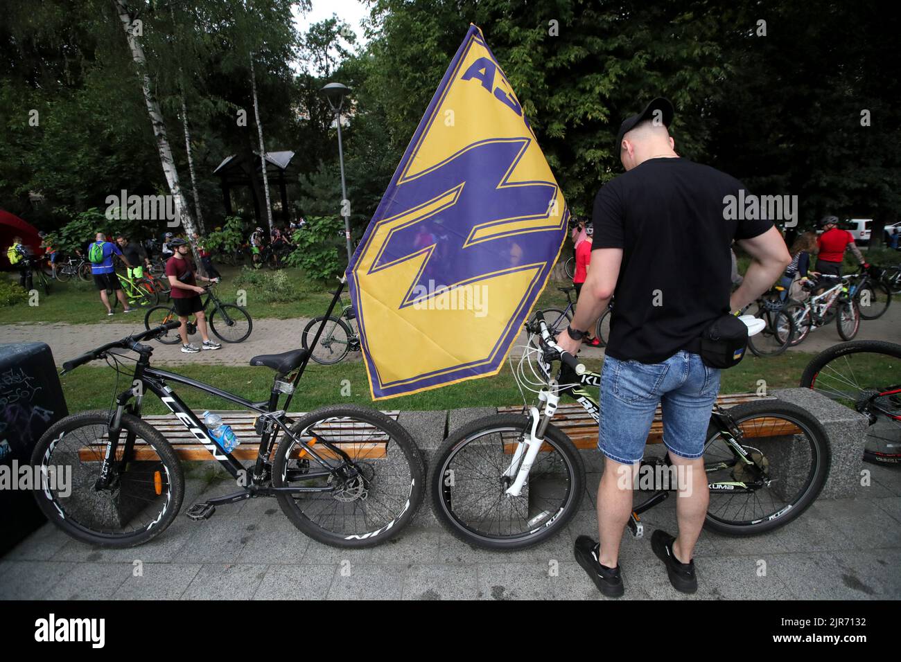 KYIV, UKRAINE - AUGUST 20, 2022 - Emblem of the Azov regiment is seen ...