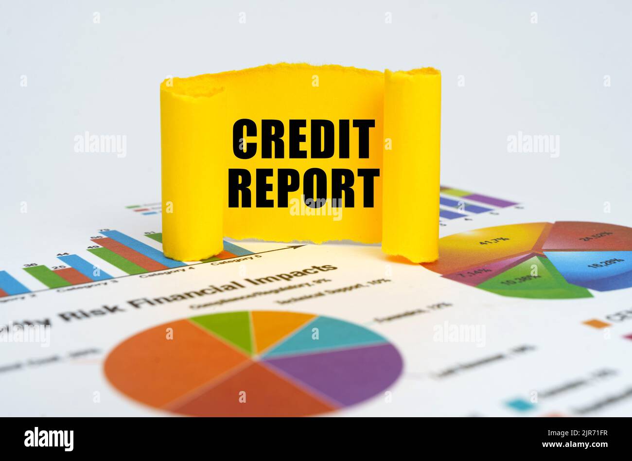 Business concept. Against the background of graphs and charts, a yellow paper plate with the ...