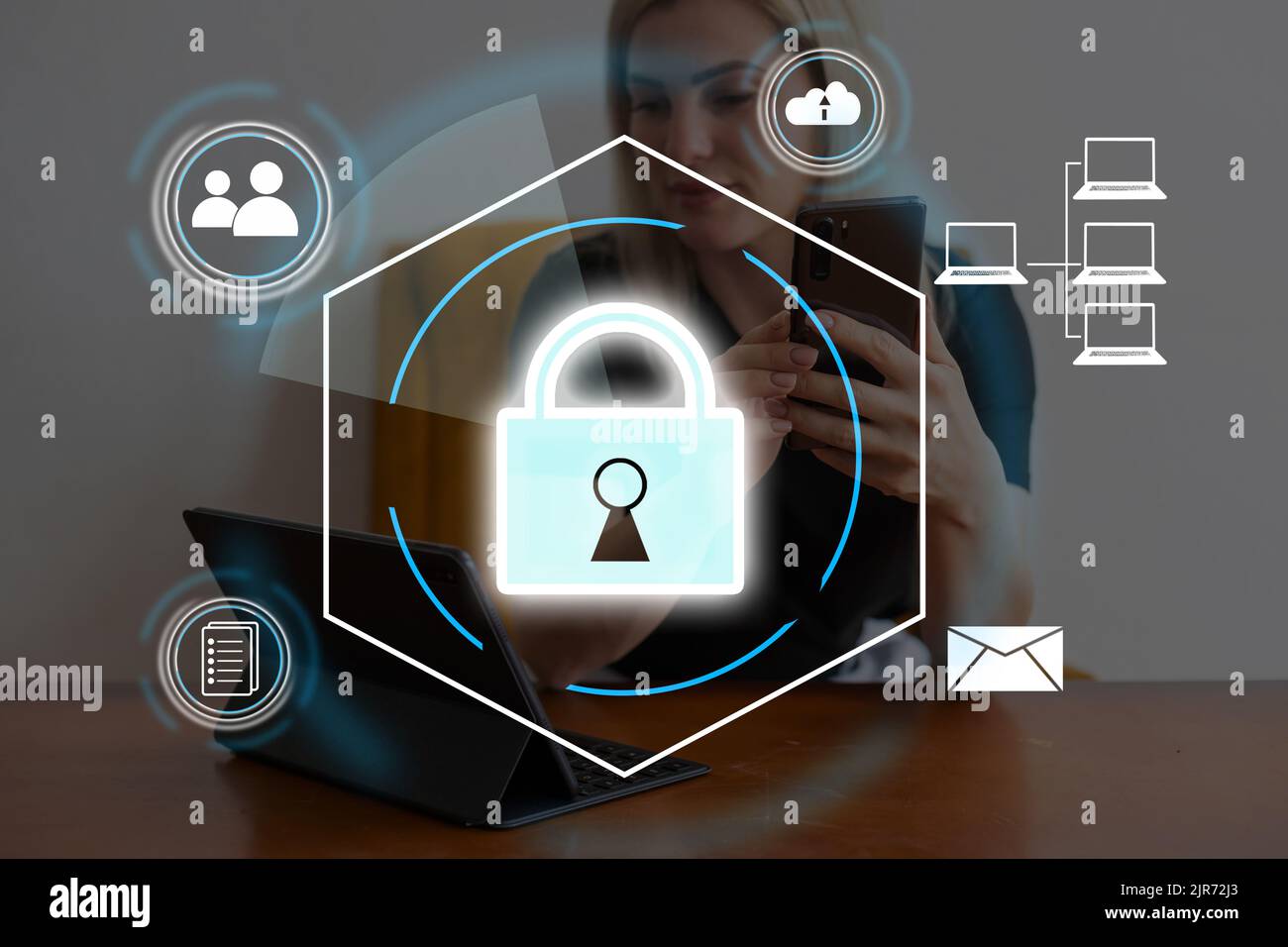 Digital padlock icon, cyber security network and data protection ...