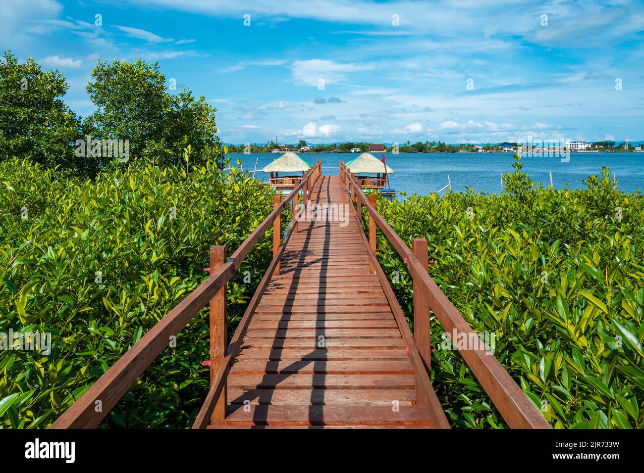 A narrow bridge surrounded by trees leading to stilt houses on the ...