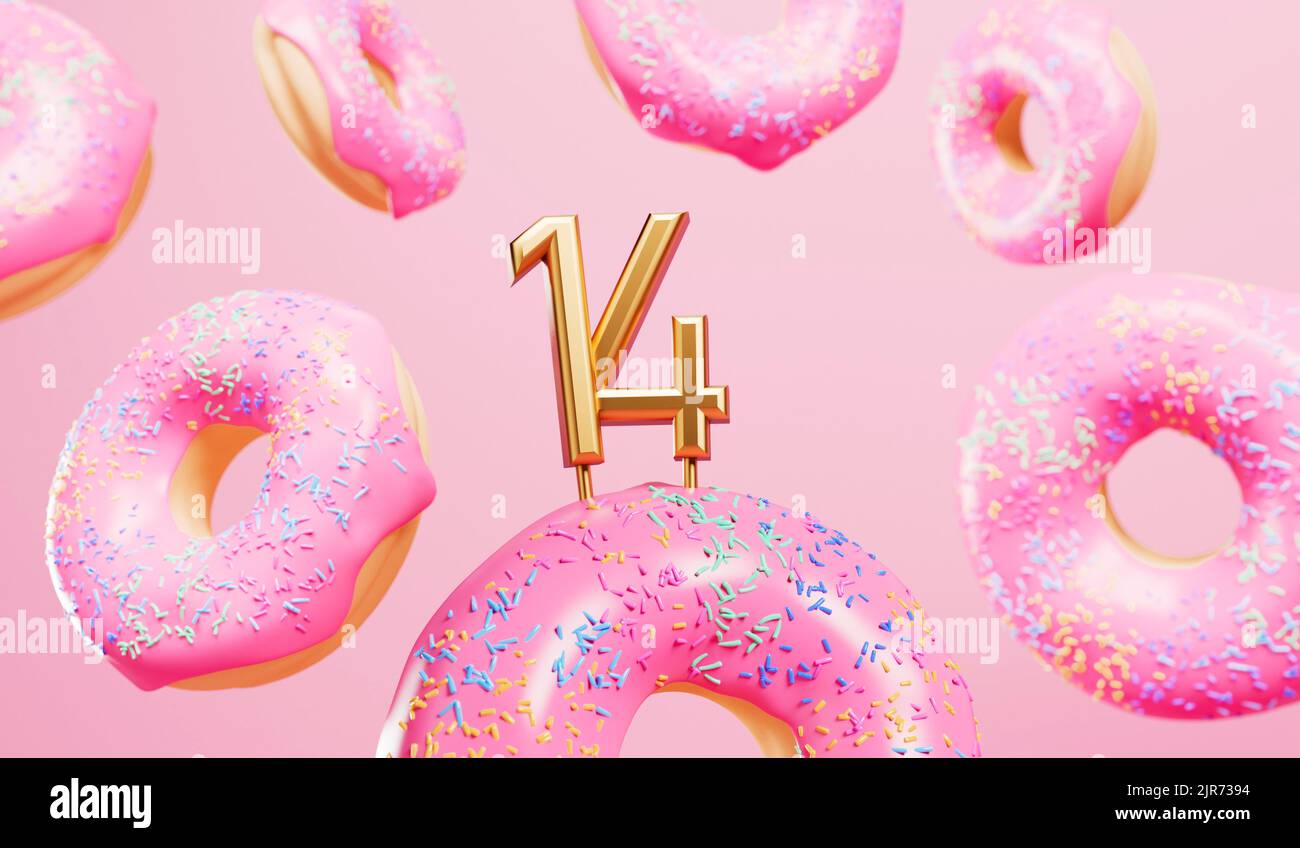 Happy 14th birthday celebration background with pink frosted donuts. 3D ...