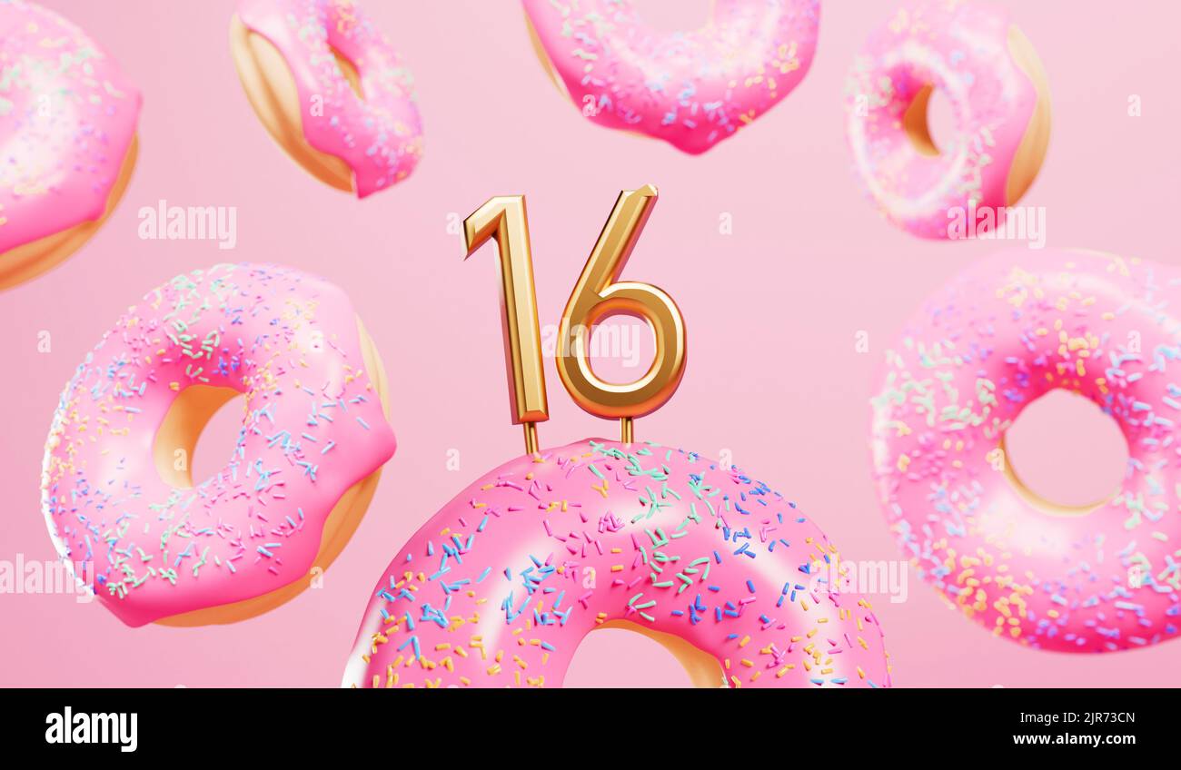 Happy 16th birthday celebration background with pink frosted donuts. 3D ...