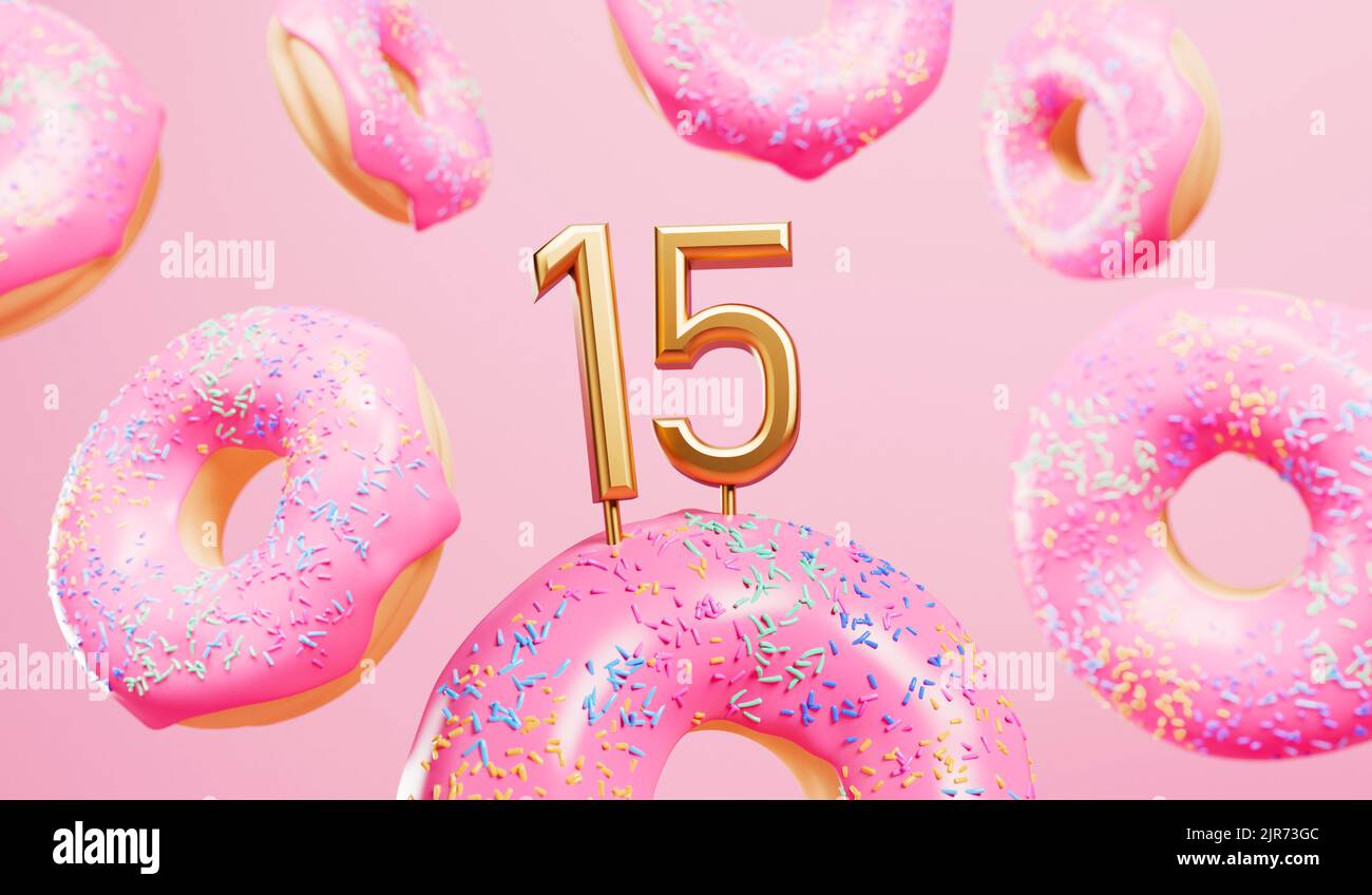 Happy 15th birthday celebration background with pink frosted donuts. 3D ...