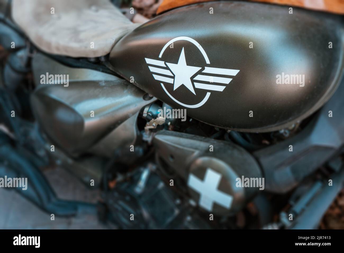 Medic motorcycle with the emblem of the American army. The concept of ...